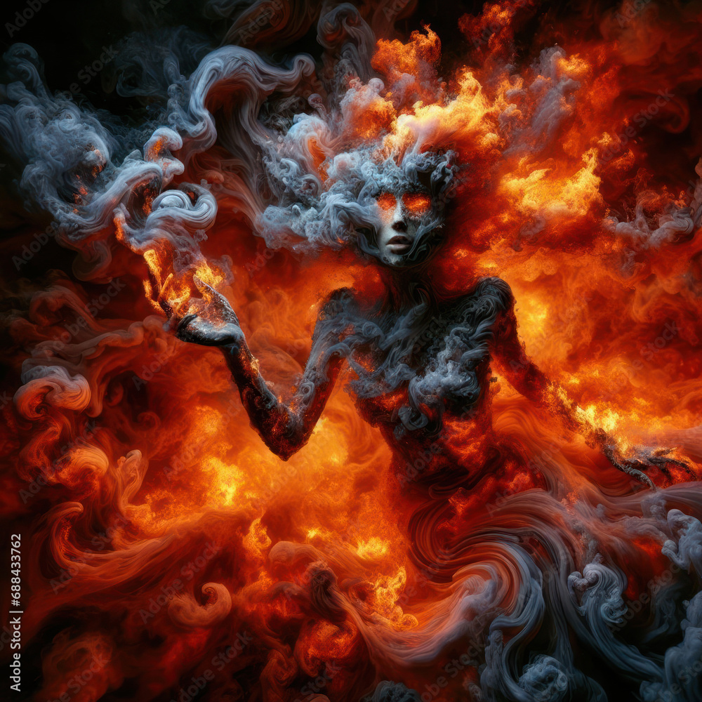 scary fire elemental goddess or demon burning with flames Stock Photo ...