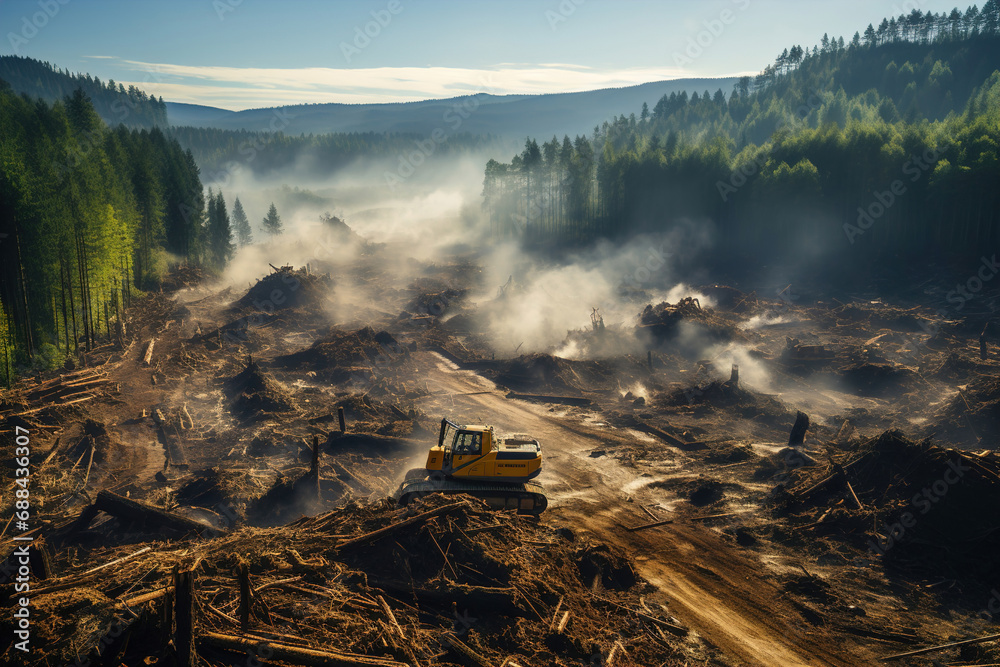 Bulldozers digging a dirt road in a forest. Global deforestation. Stock ...