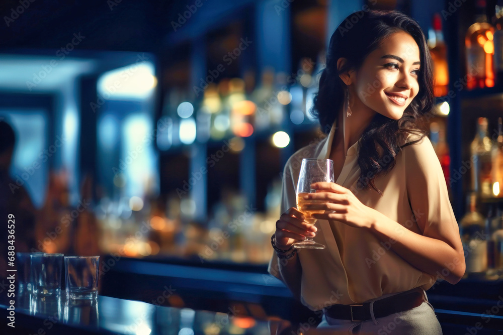 Beautiful young woman sitting at a bar with a glass of whiskey in a ...