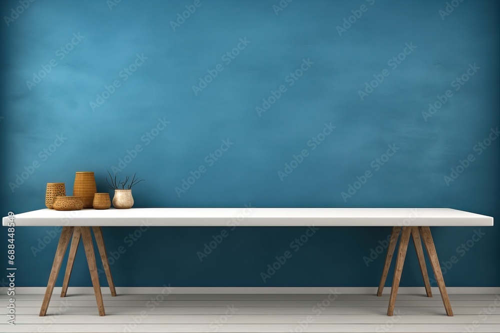 background texture wall Blue space free legs table white Modern desk ...