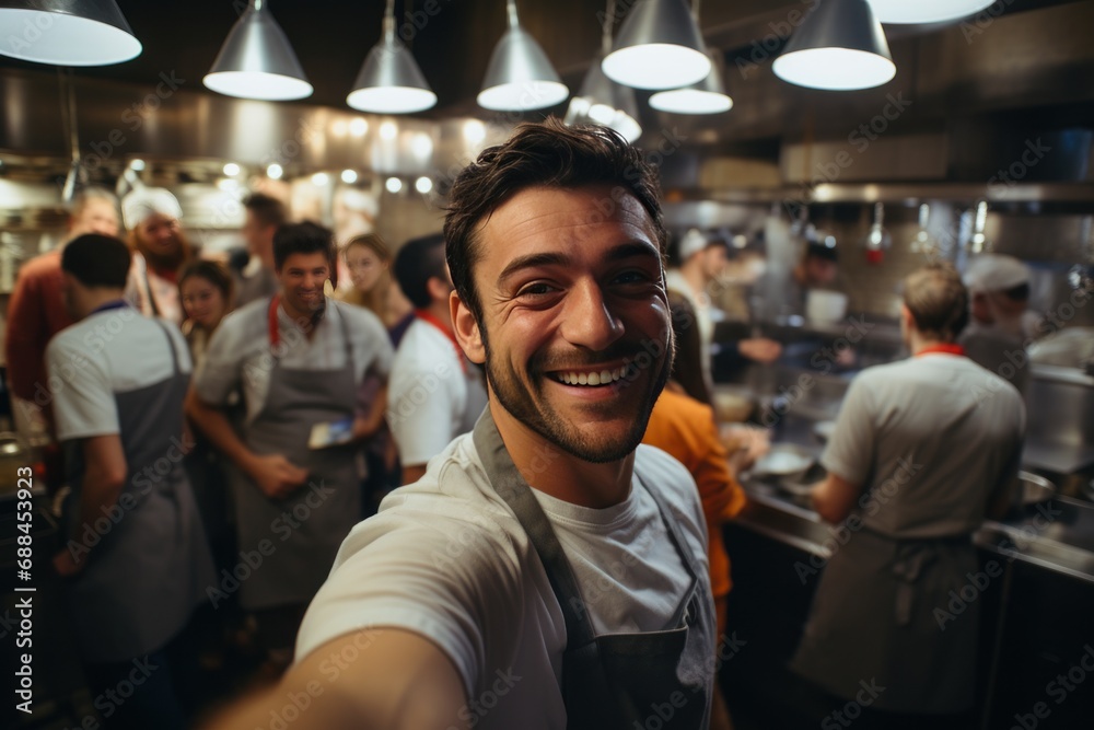 Selfie of a chef in a crowded restaurant kitchen. Take a selfie. Take ...