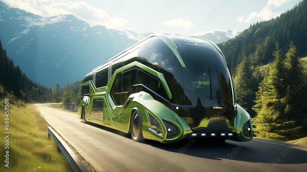 Futuristic Self-Driving Intercity Bus on a Mountain Highway, Outdoors ...