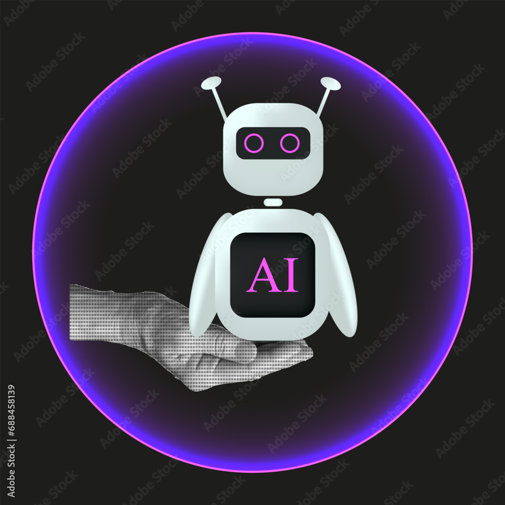3d Artificial Intelligence Character on trendy Halftone hand isolated ...