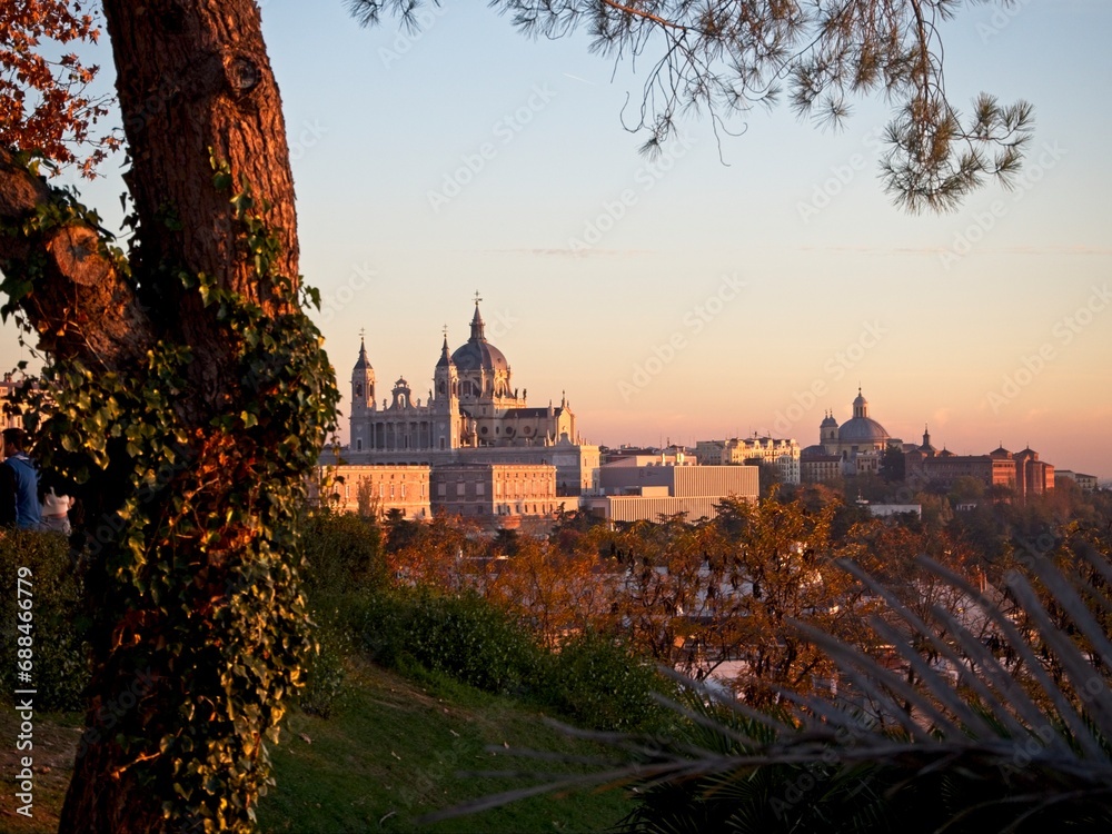 The sun sets on the Spanish capital of Madrid, from the Templo de Debod ...