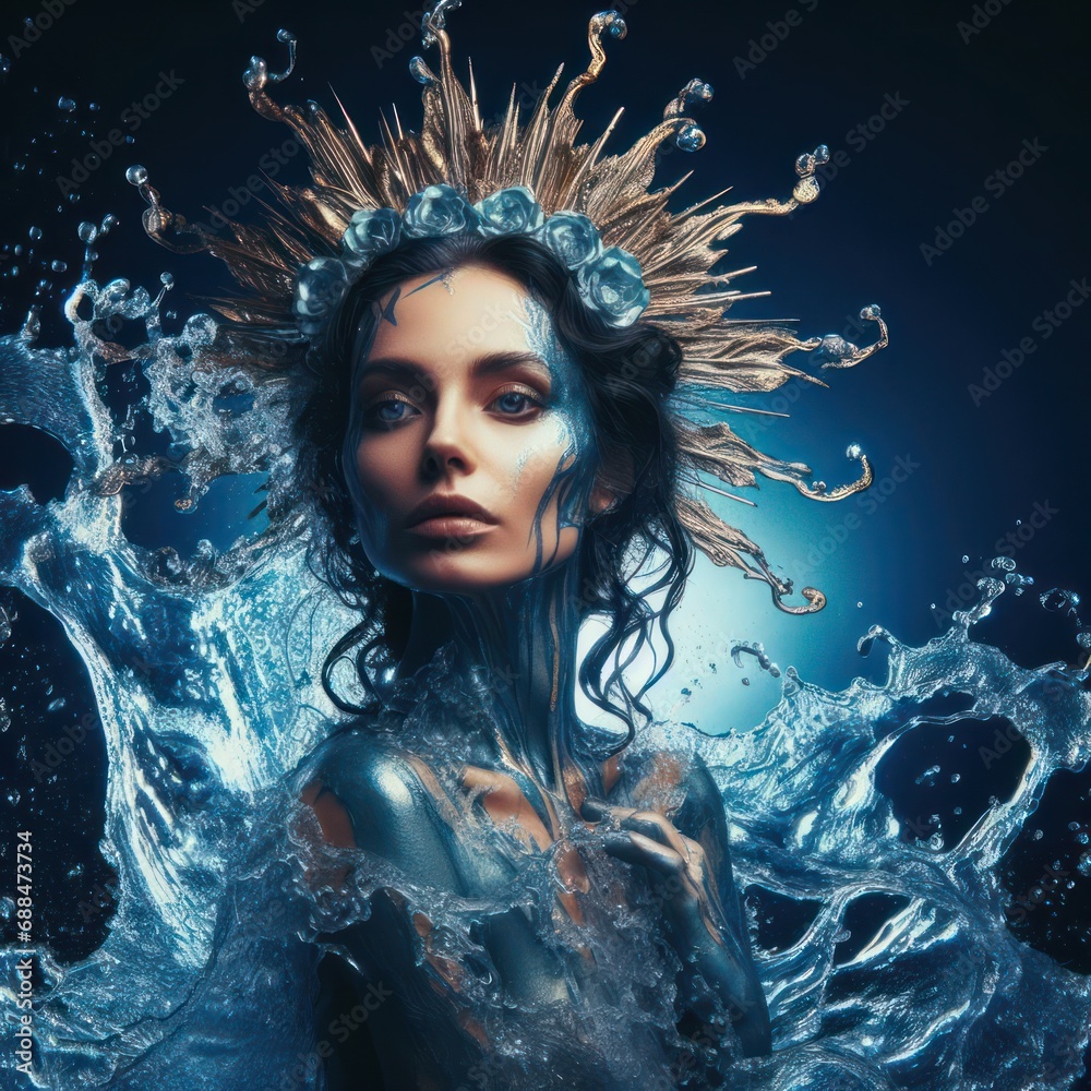beautiful female fantasy water elemental demon or sea goddess emerges ...