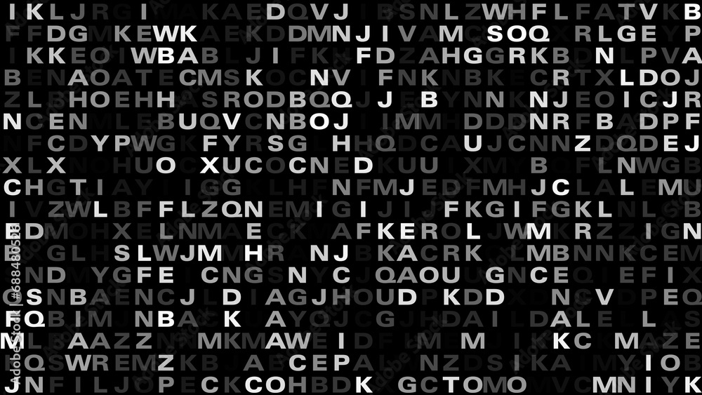 Abstract text composition with random letters pattern on black ...