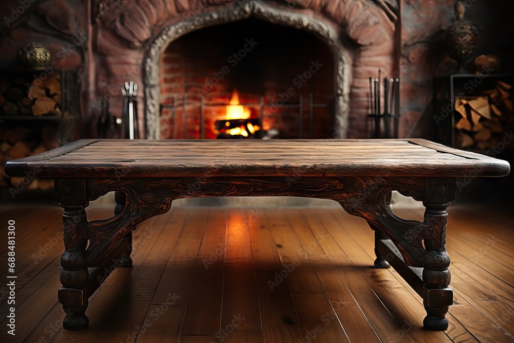fireplace table wood wooden fire flames burn home house interior slat ...