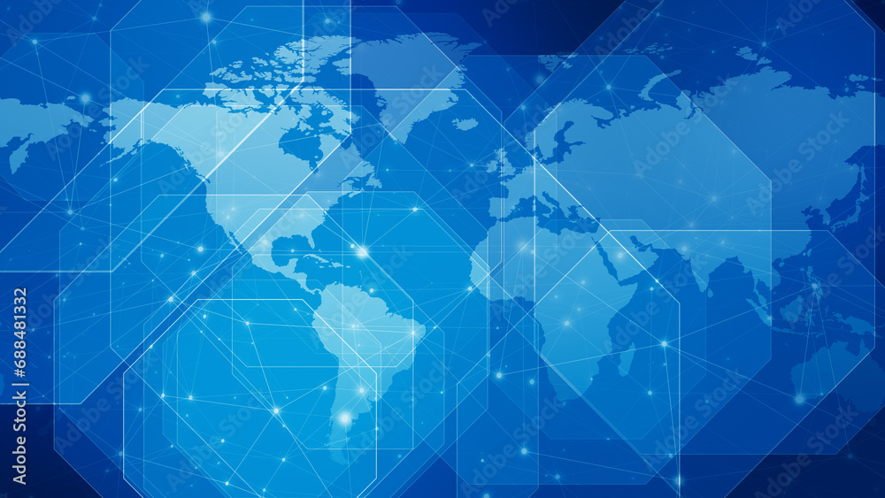 Blue world map octagons connected lines and dots breaking news in ...