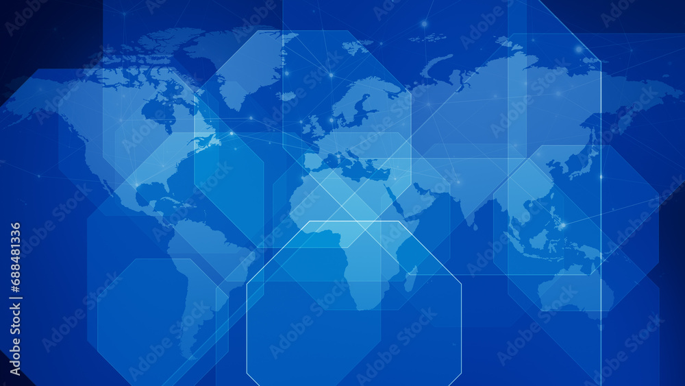 Connected octagons world map news background with blue global ...