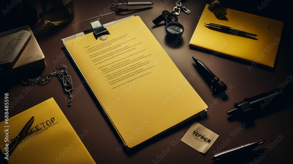 Yellow file with documents and Top Secret stamp on black table, top ...
