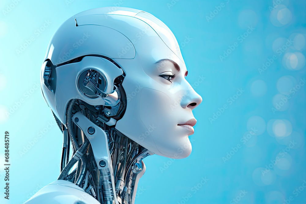 Cute friendly robot at copy space on blue background. Portrait of woman ...