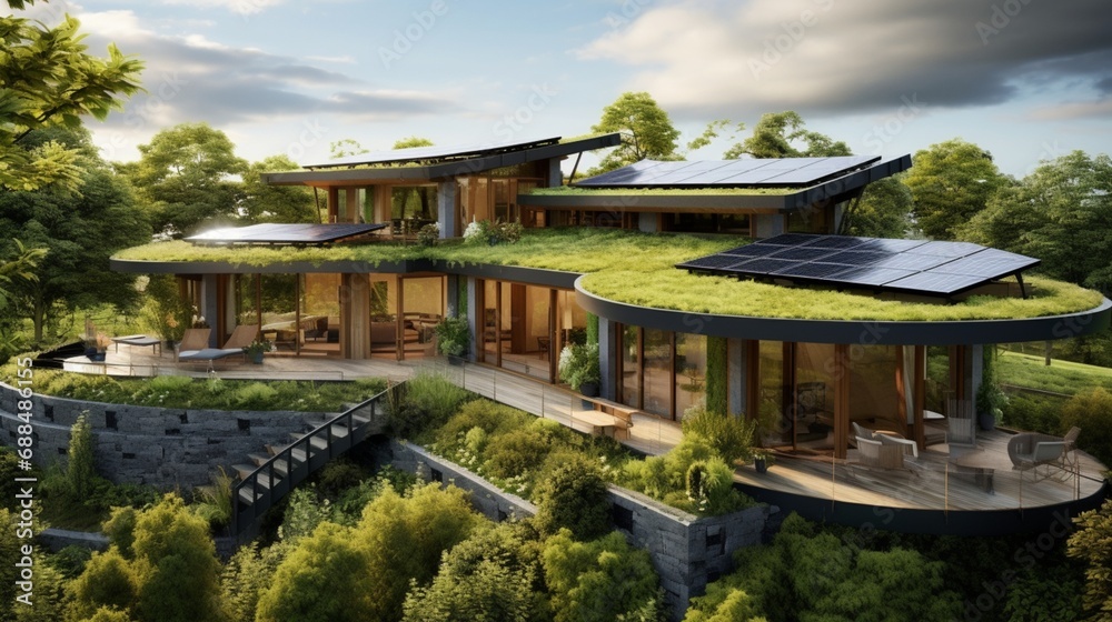 An eco-friendly green home with solar panels, rainwater harvesting systems, and a living roof ...