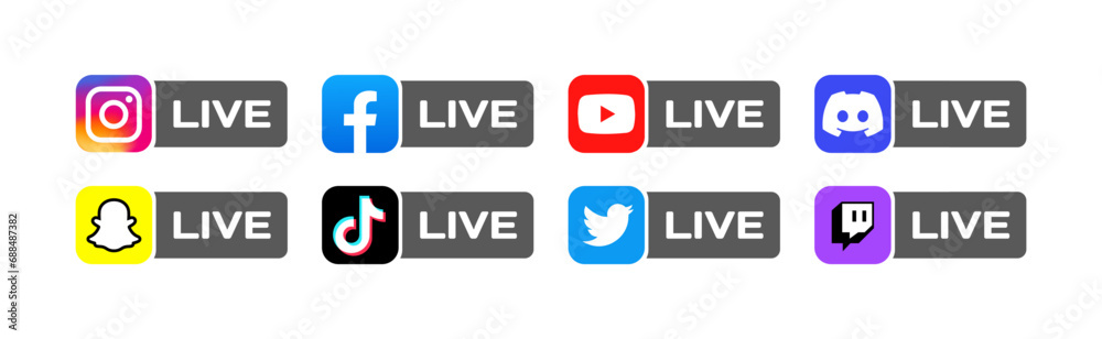 Social media live icons. Isolated live button. Instagram, Facebook ...