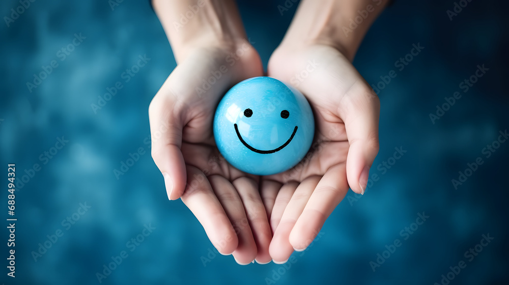 Hands holding blue happy smile face. mental health positive thinking ...