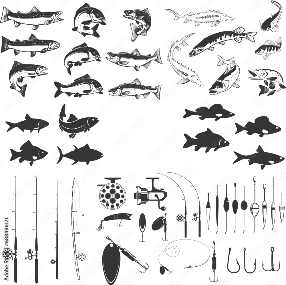 set of Fishing labels design elements. Rods and fish icons. Design ...