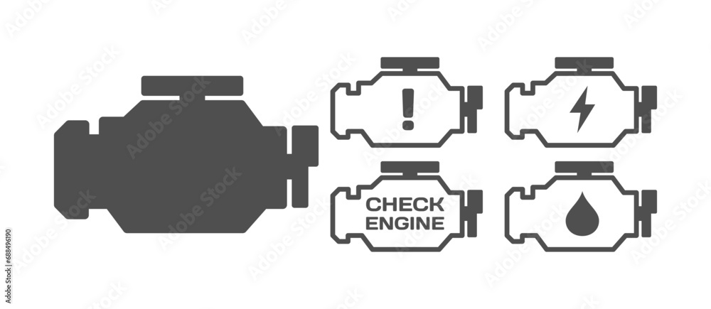 Engine indicators icons. Silhouette, grey, check engine icons, engine ...