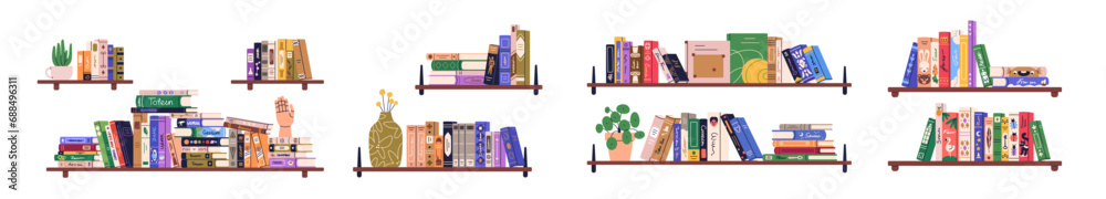 Book rows, stacks on shelves set. Kids literature spines, school ...