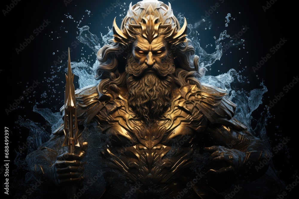 muscular bearded Poseidon in golden crown standing among stormy ...