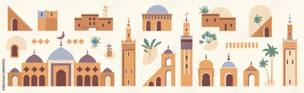 Architecture vector set. Morocco inspired flat illustration with mosque ...