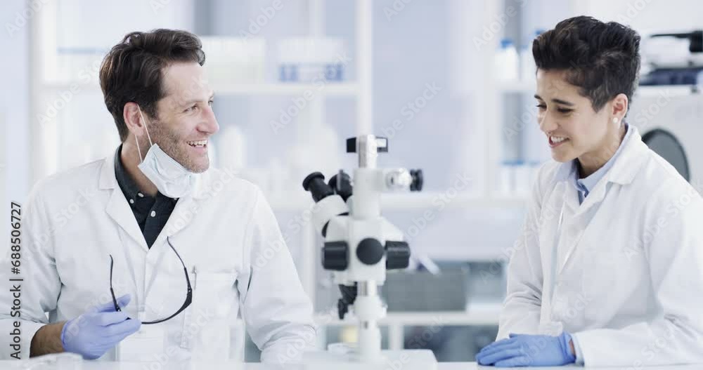 Science, teamwork and scientists with microscope in laboratory for ...