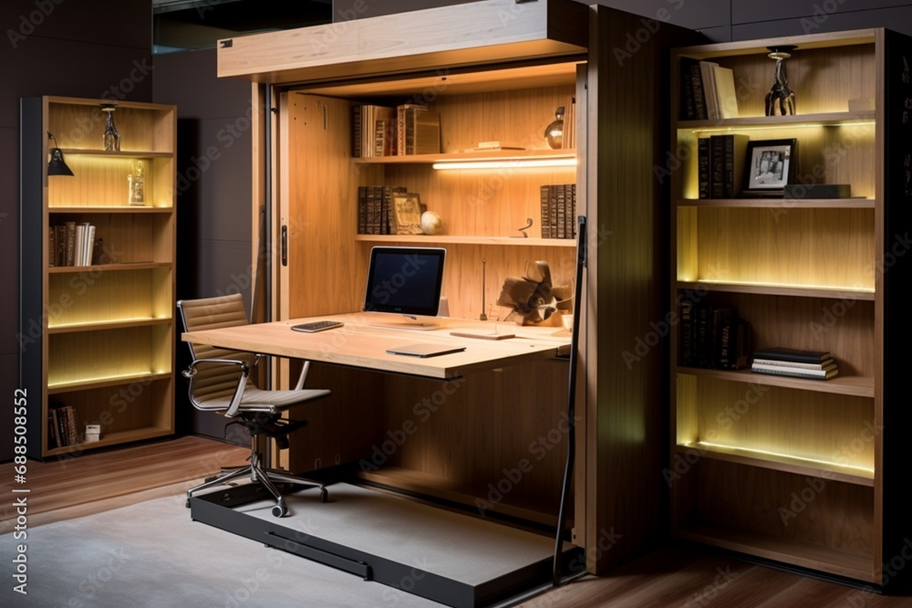 A compact home office with a fold-down desk, built-in storage, and a ...