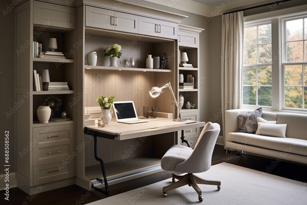 A compact home office with a fold-down desk, built-in storage, and a ...