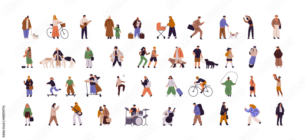 Various tiny people in city set. Friends, couples walking dog on street ...
