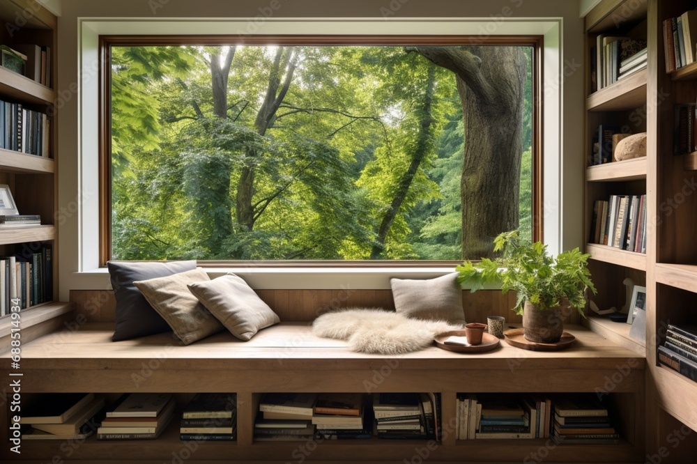 A cozy reading nook with a built-in window seat, minimalist bookshelves ...
