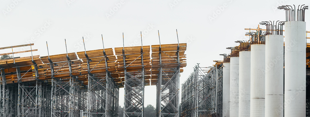 A large-scale construction project of a highway bridge with concrete ...