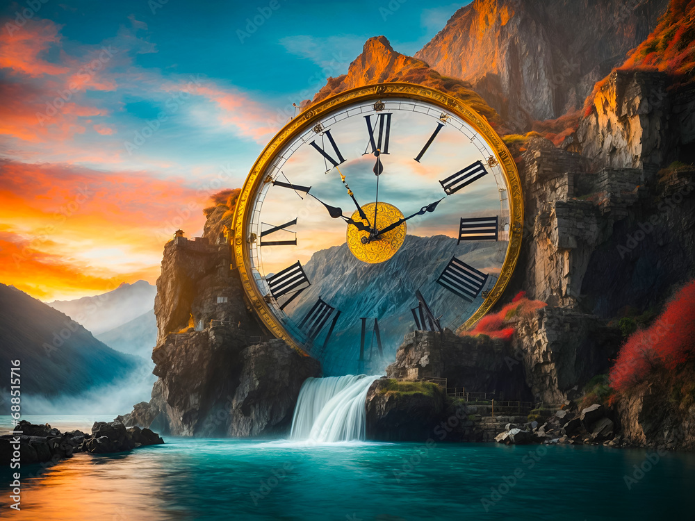 an ancient, grand clock face, set within the rugged cliffside of a ...