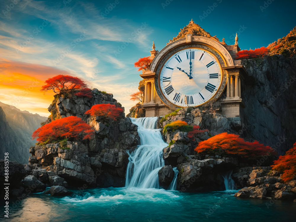 an ancient, grand clock face, set within the rugged cliffside of a ...