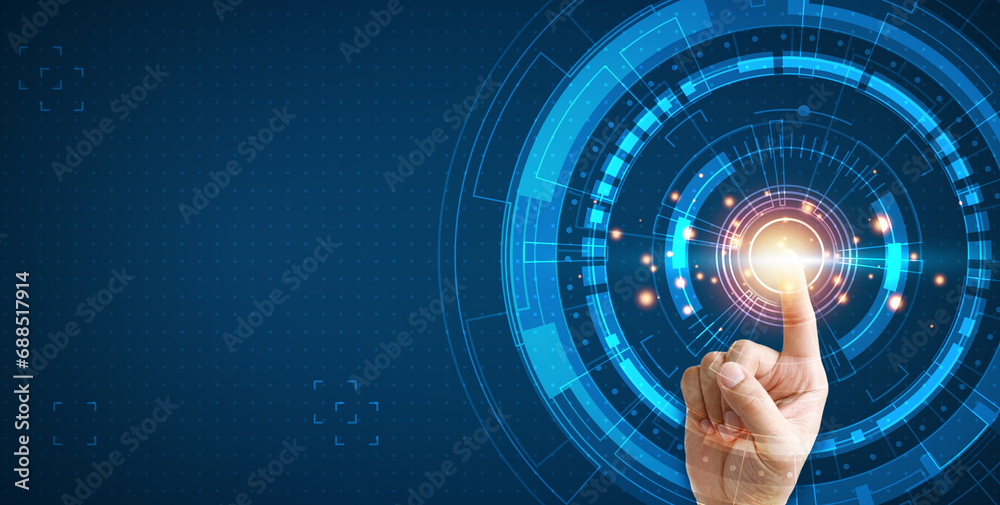 Abstract technology background. Man hand touching security circle to access metaverse universe ...