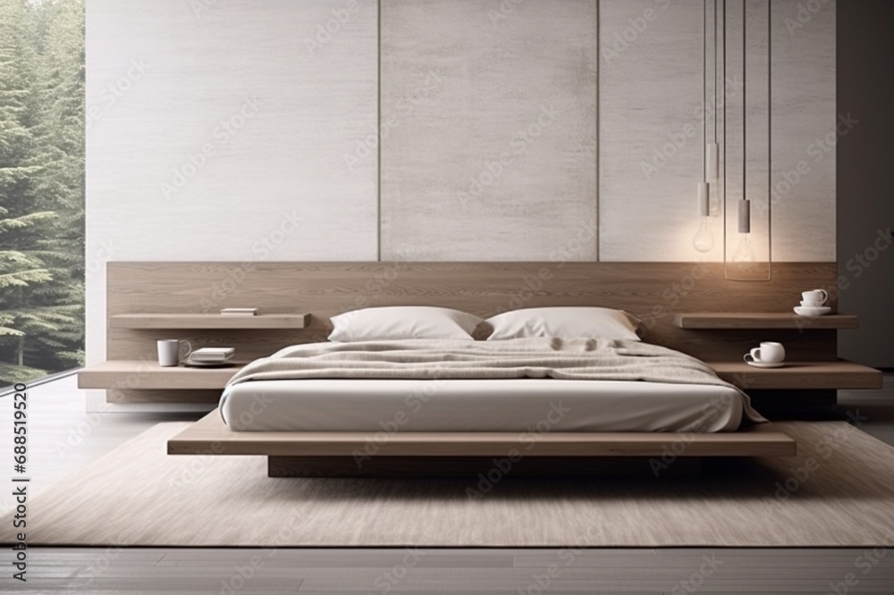 A minimalist bedroom with a low platform bed, neutral tones, and a wall ...