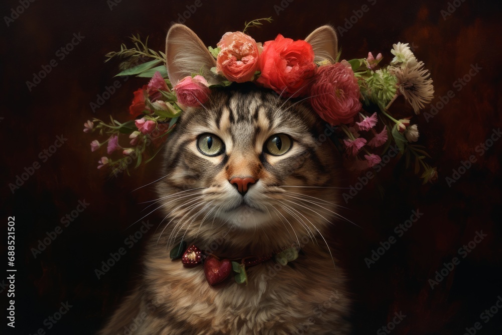 Face Of Crowned Cat. Portrait of brown feline wearing a flower crown ...
