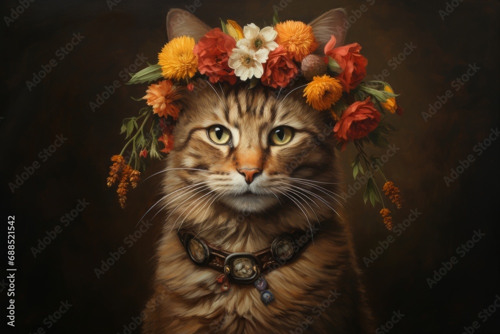 Standing Crowned Cat. Portrait of brown kitten wearing a flower crown ...
