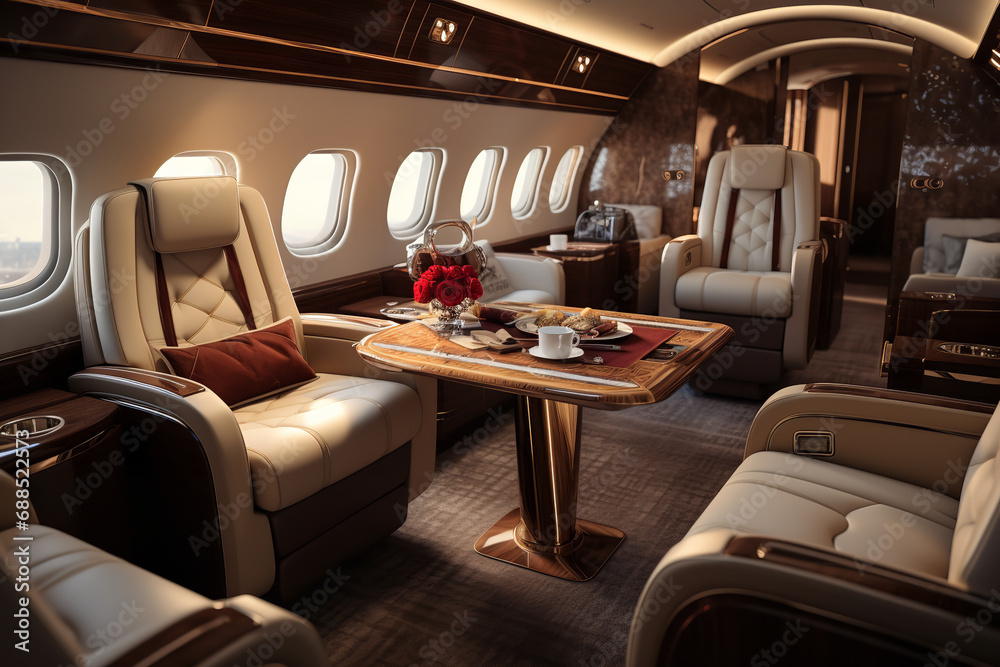 The luxurious interior of a private jet, featuring opulent cabin design ...