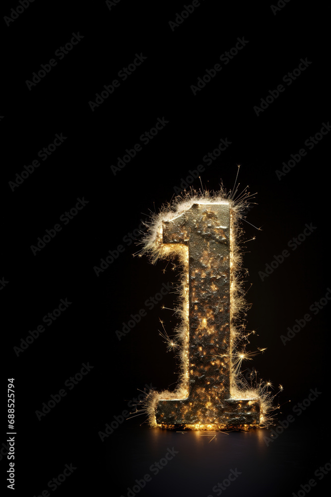 Golden number one on black background with copy space. Symbol 1 ...