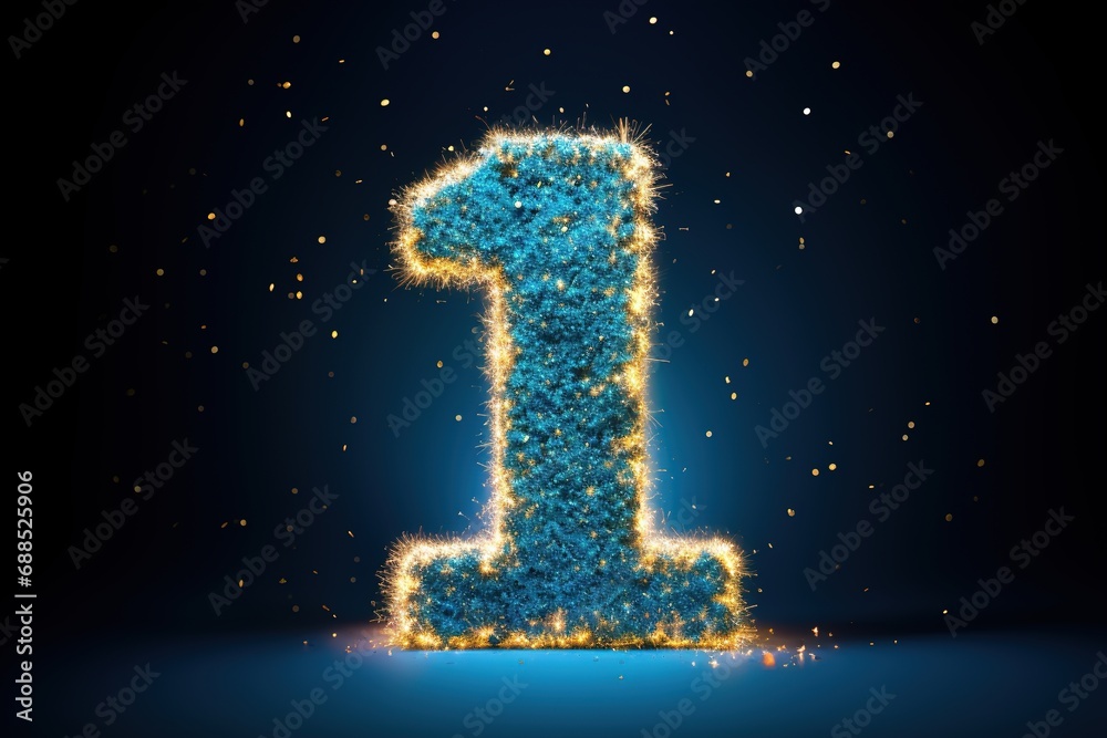 Golden and blue number one on dark background. Symbol 1. Invitation for ...