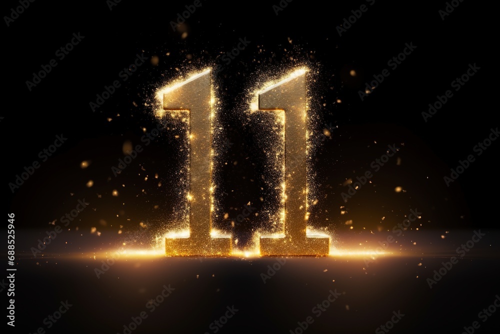 Golden sparkling number eleven on black background. Symbol 11 ...