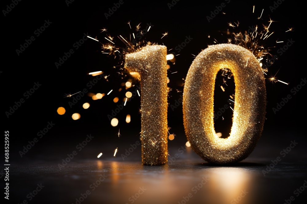 Golden sparkling number ten on black background. Symbol 10. Invitation ...