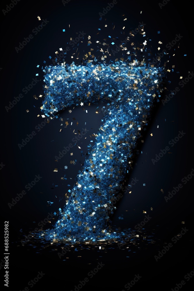 Blue number seven on black background. Symbol 7. Invitation for a ...