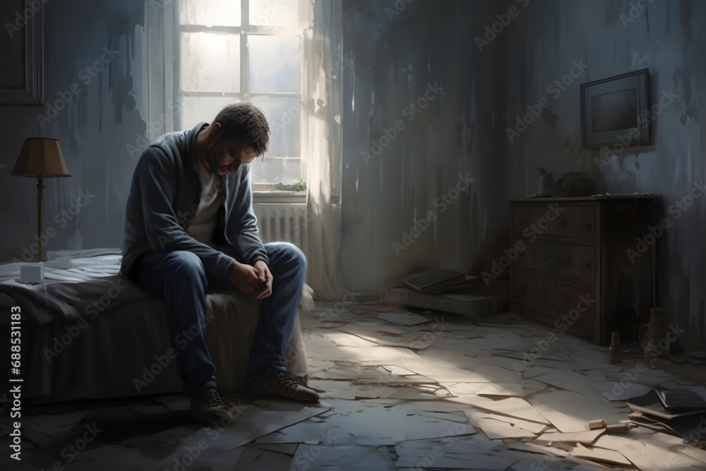 A depressed man sitting on a bed in a messy room with a window, an ...