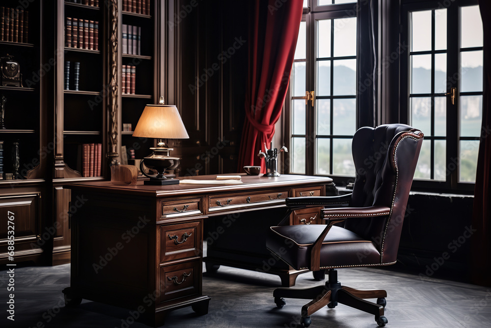 An image featuring a classic wooden office chair in a traditional study ...