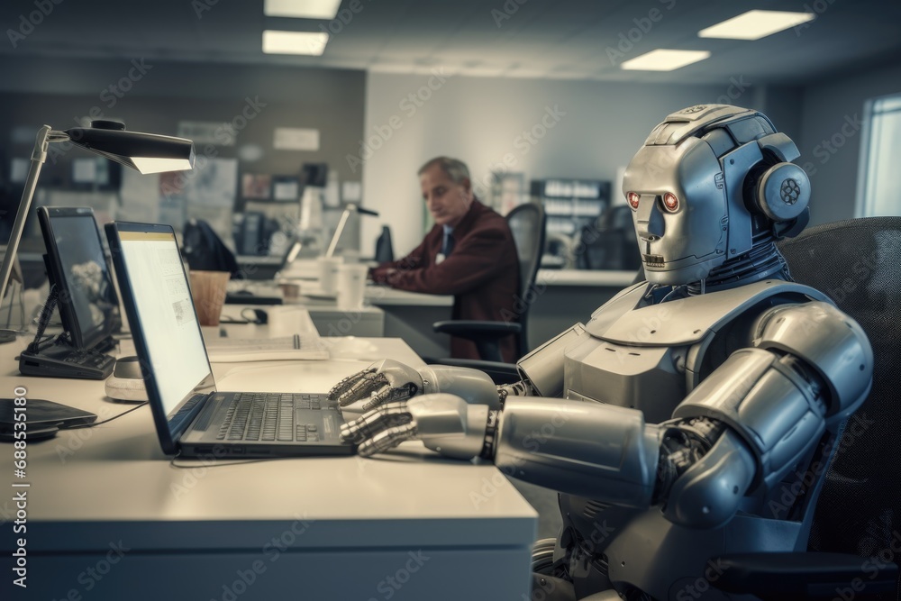 humanoid robot working at computer in office room. Working robot Stock ...