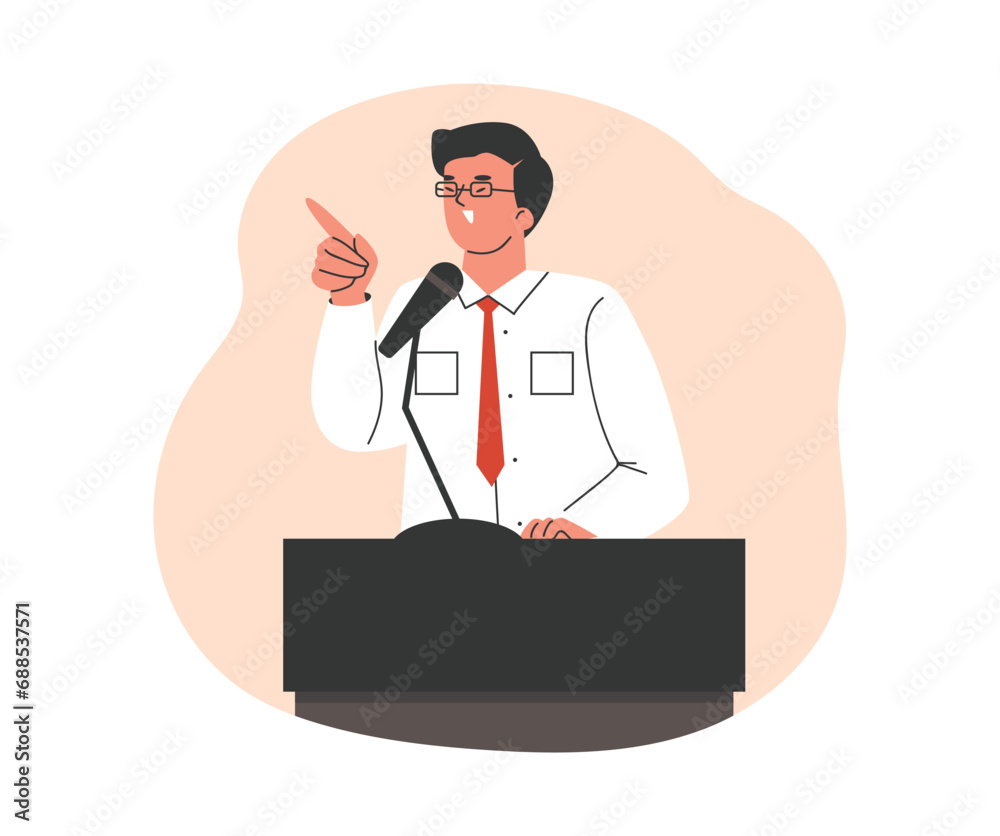 Speaker man stands on the podium and makes a speech in microphone ...
