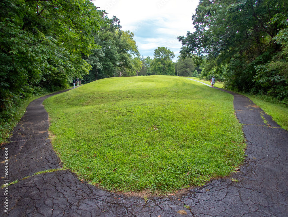 Long view of head and egg end of curving Serpent Mound Prehistoric ...