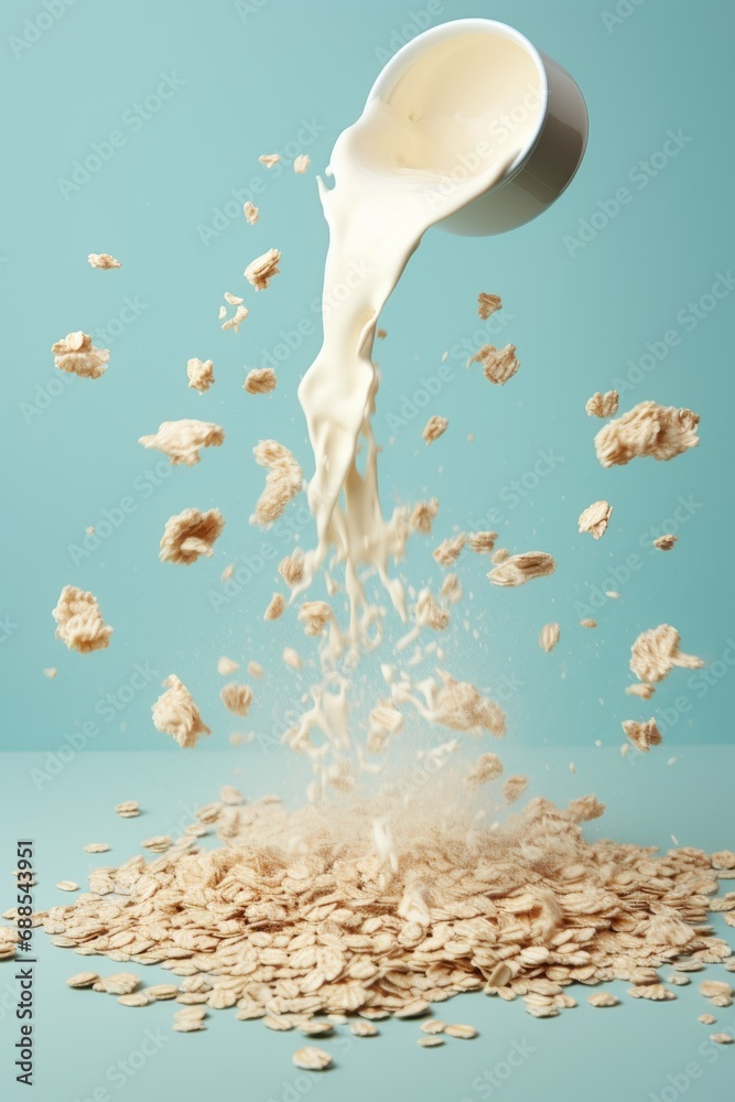splash of milk and oat flakes in the air. Oat milk levitation Stock ...