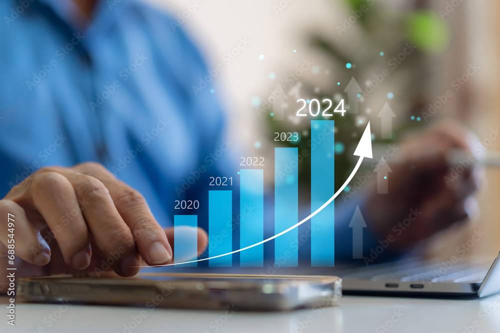 Human with 2024 new year target sale profit and arrow business ...