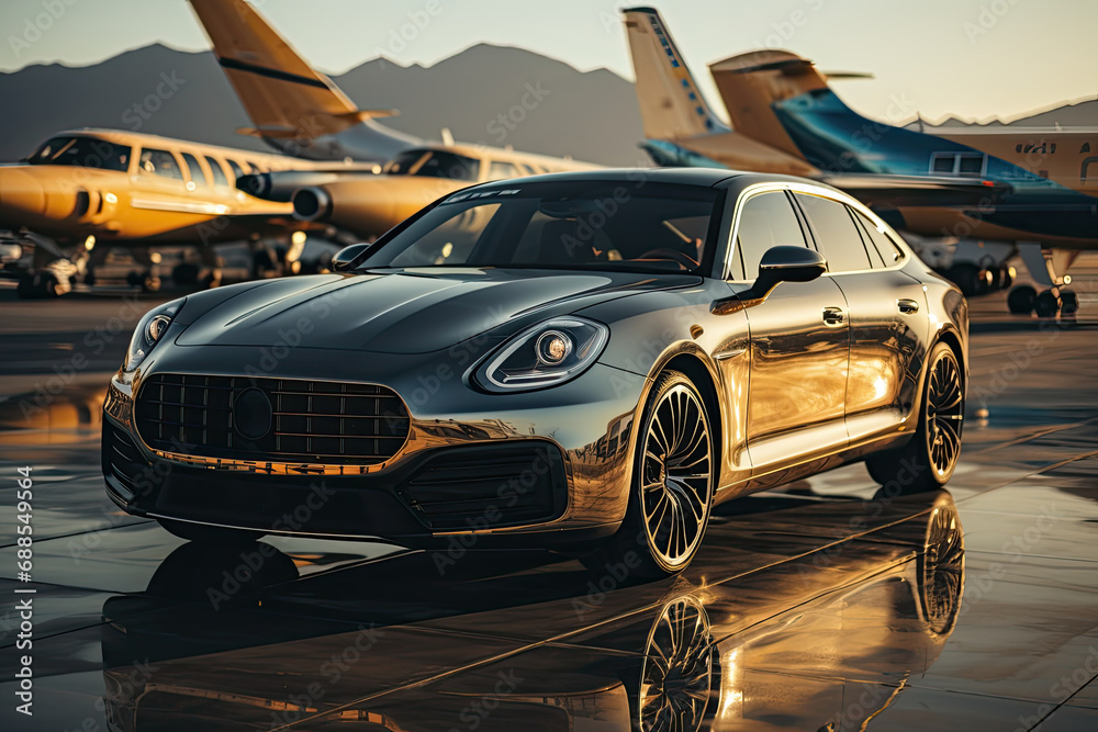 Private executive airplane with luxury car shown together at ...