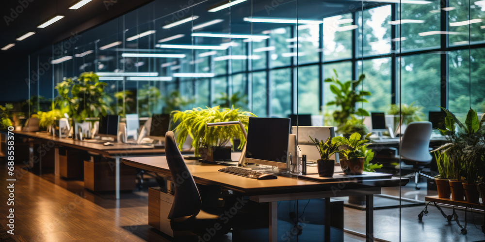 Modern Corporate Office Interior with Glass Partitions, Wooden ...